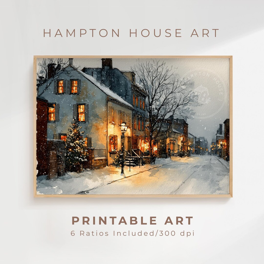 Cozy Winter Cottage Night Scene Printable Snowy Street Art Vintage Home ...