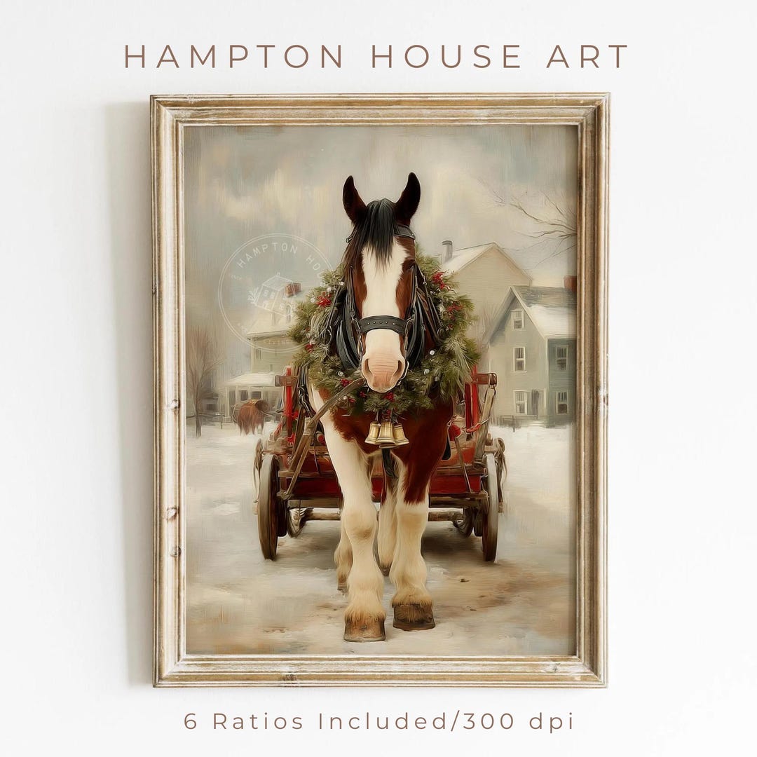 Vintage Art Clydesdale Horse Sleigh in Winter Village Rustic Holiday ...