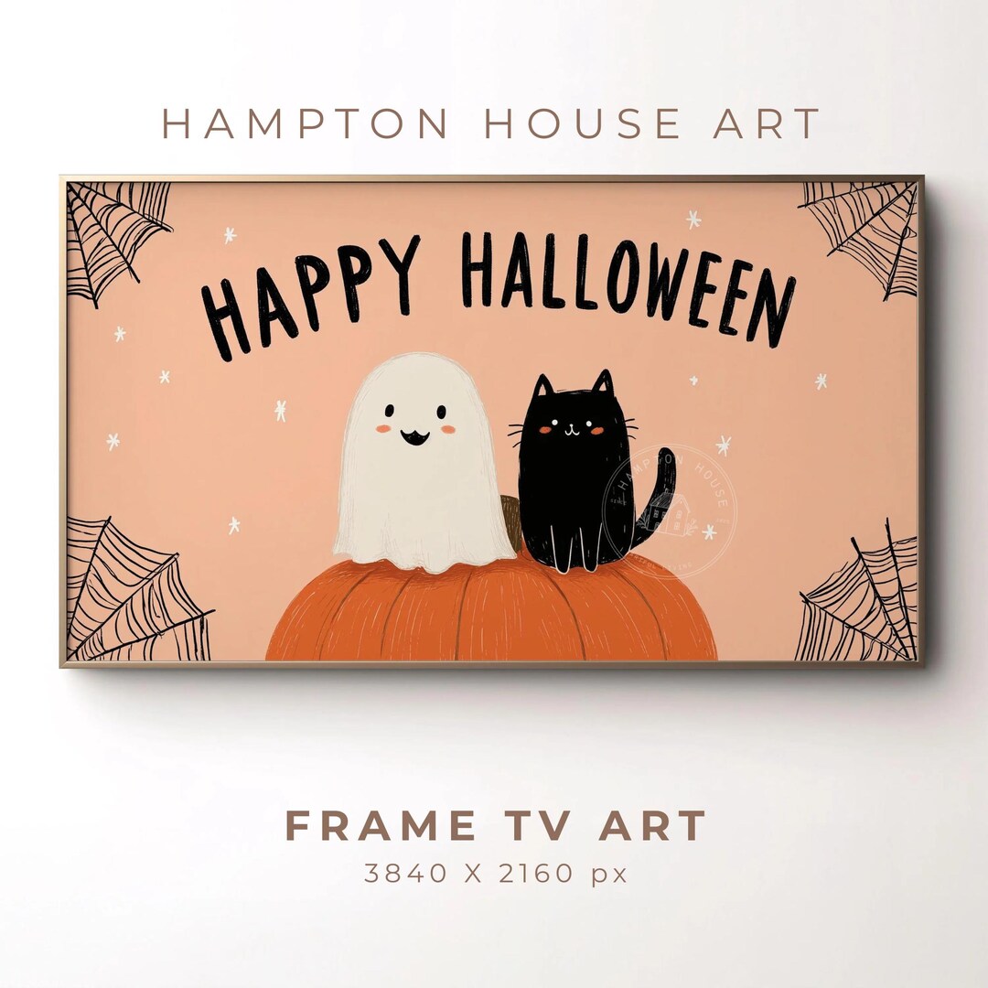 Halloween Frame TV Cartoon Art Cute Ghost and Black Cat on Pumpkin TV ...