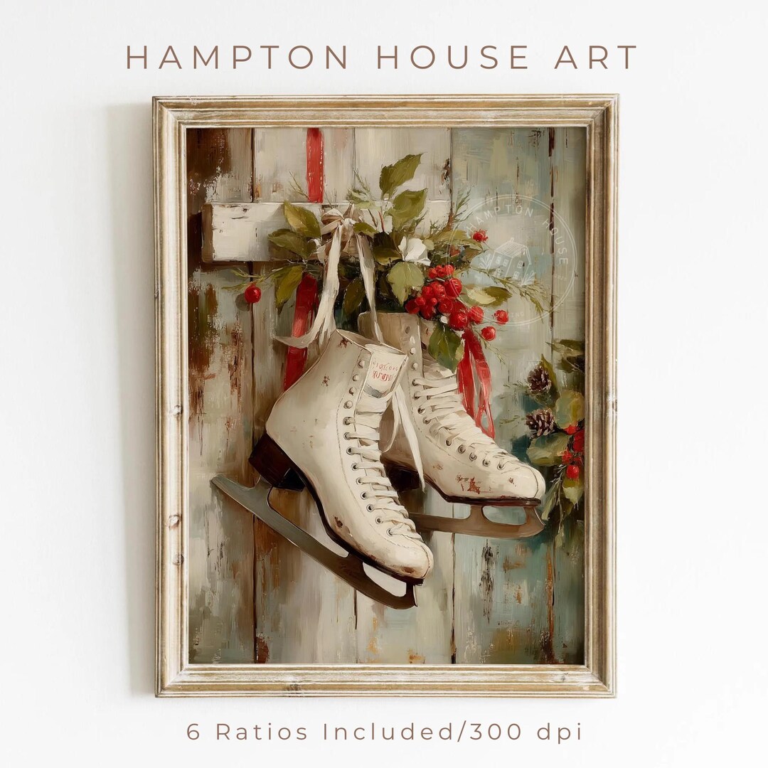Vintage Winter White Ice Skates Painting Rustic Farmhouse Holiday Wall ...