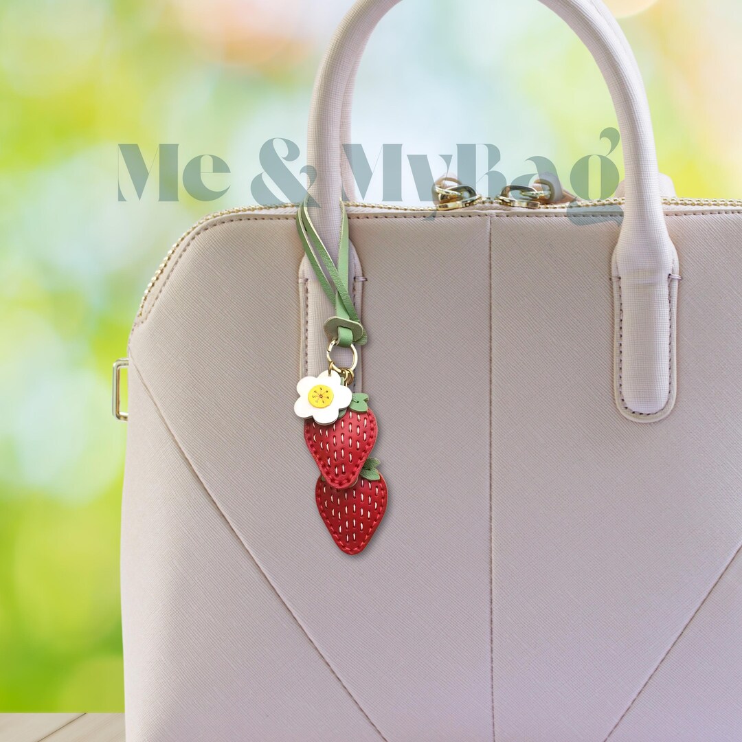 Double Strawberry Bloom Bag Charm – Leather Keyring in Red, Pink or ...
