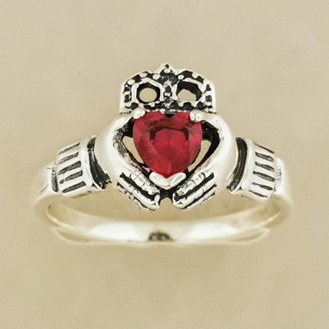 Claddagh Ring With Synthetic Ruby Heart in Sterling Silver or Antique ...