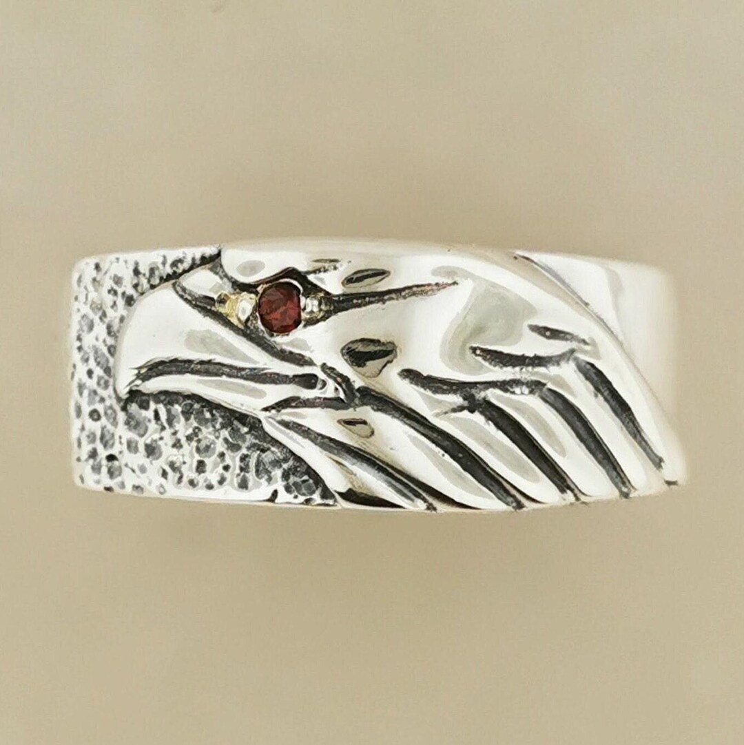 925 Silver Eagle Head Ring With Gemstone Eye Mens Eagle Head Ring Birthstone Eagle Ring Retro ...