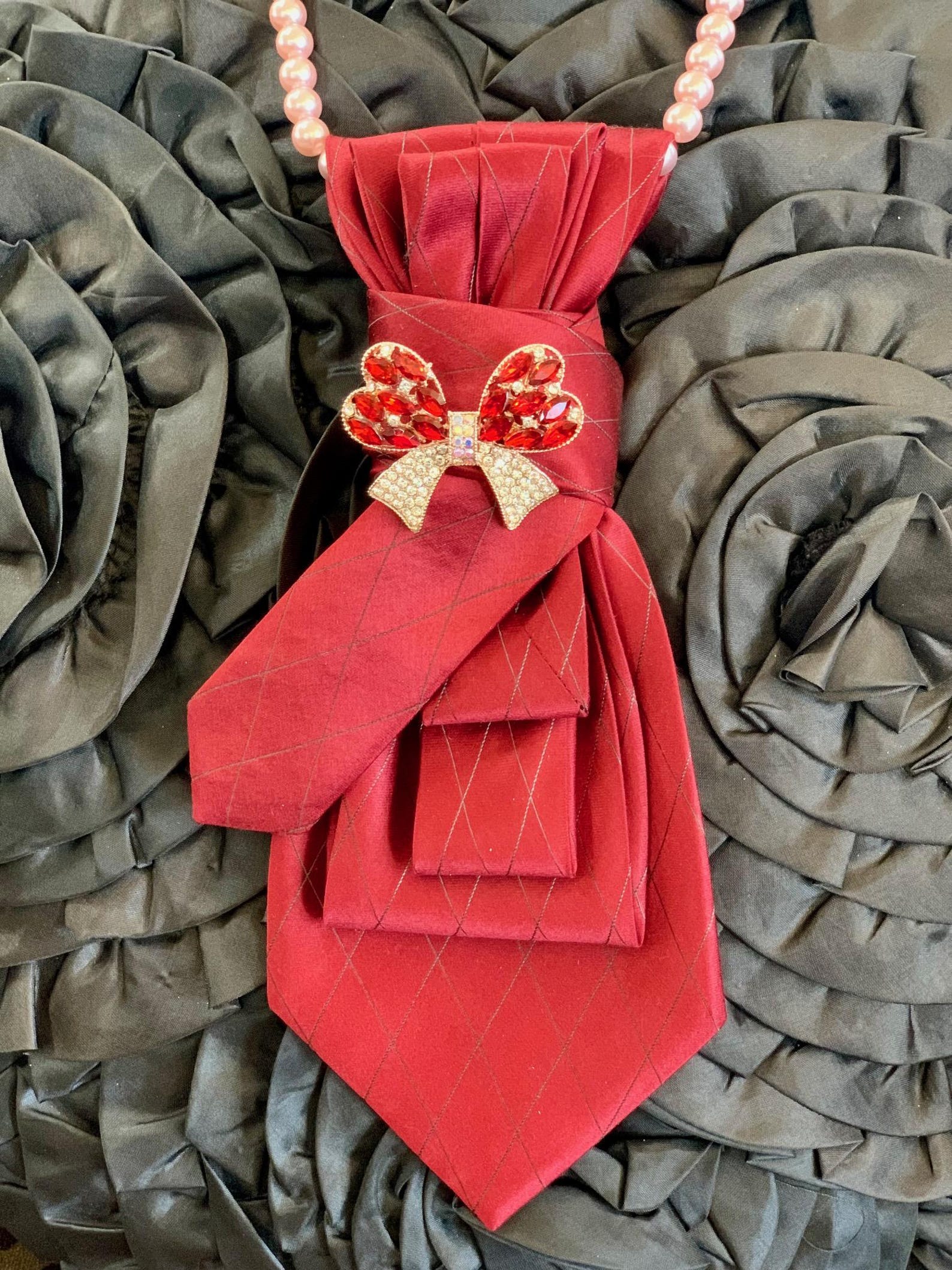 Necktie Necklace, Red and Gold With a Rhinestone Bow - Etsy