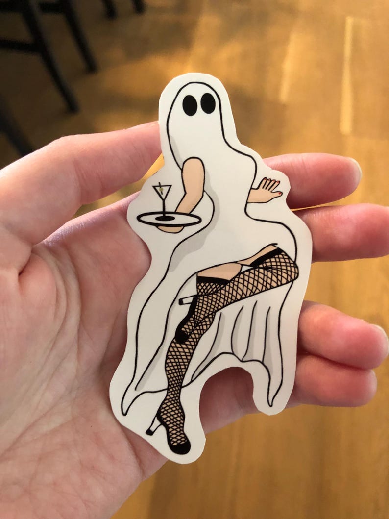 Pinup Ghost Waitress Sticker – Retro Halloween Ghost Girl With Martini ...