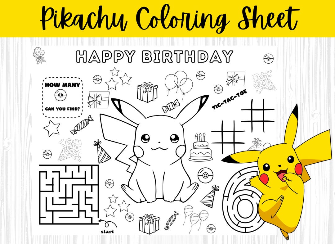 Pikachu Birthday Coloring Page, Editable Name (PDF, JPEG) - Etsy