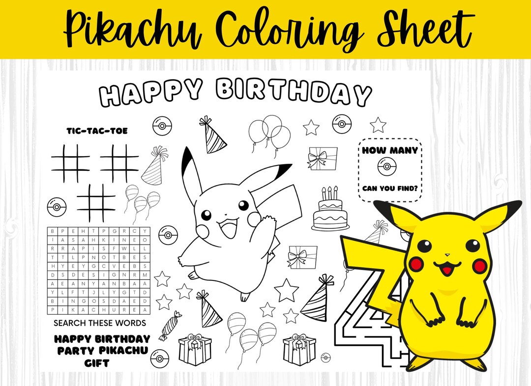 Pikachu Birthday Coloring Page: Editable Name, Number (PDF, JPEG) - Etsy
