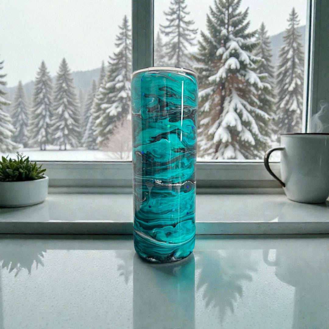 Glittered Black & Turquoise Swirl Skinny Tumbler, 20 Oz, Personalized ...