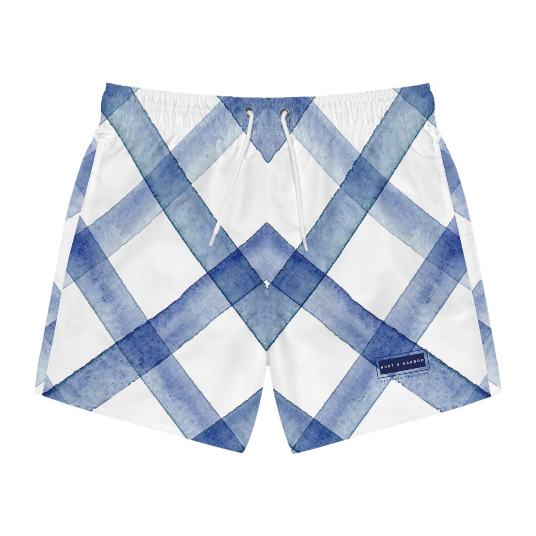 Men's Blue Muted Cross Stripe Swim Trunks - Cool Ocean Vibe for Summer ...