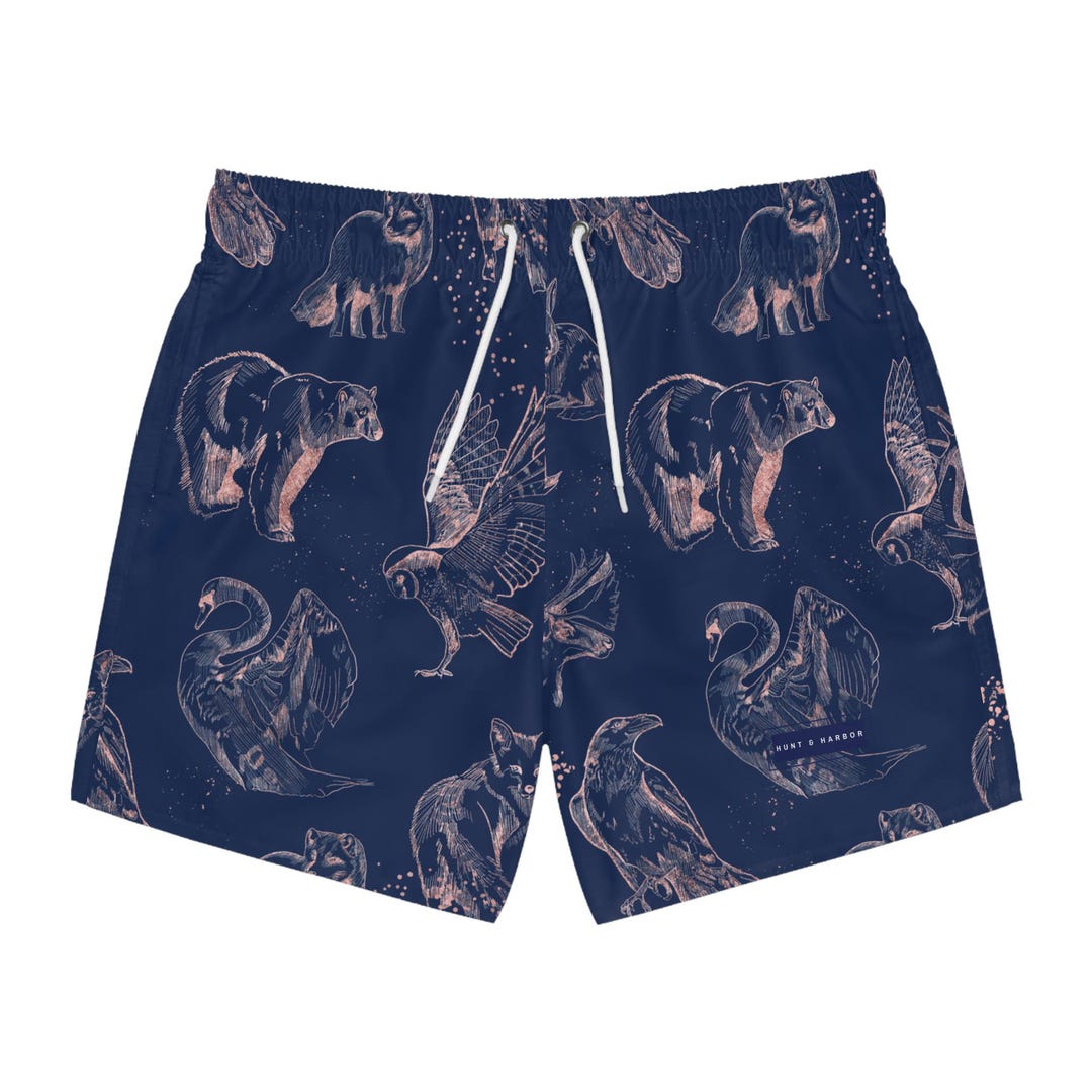 Men's Navy Woodland Animals Swim Trunks - Cool Vibe for Summer Fun - Etsy