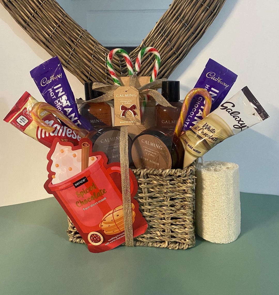 Christmas Pamper Hamper in Basket With Hot Chocolate, Tea, Candles ...