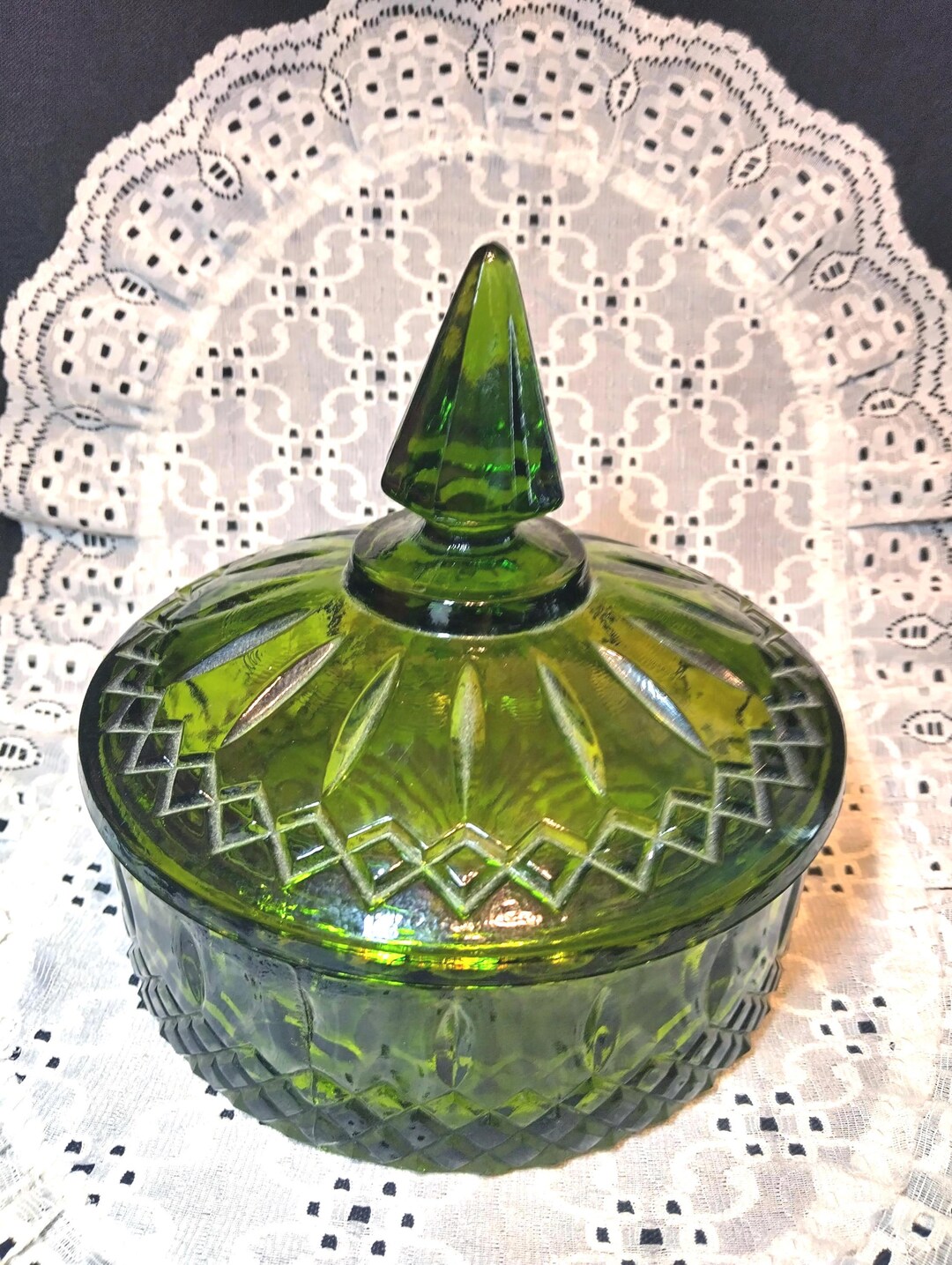 Vintage Indiana Glass Princess Pattern Avocado Green Candy Dish With ...