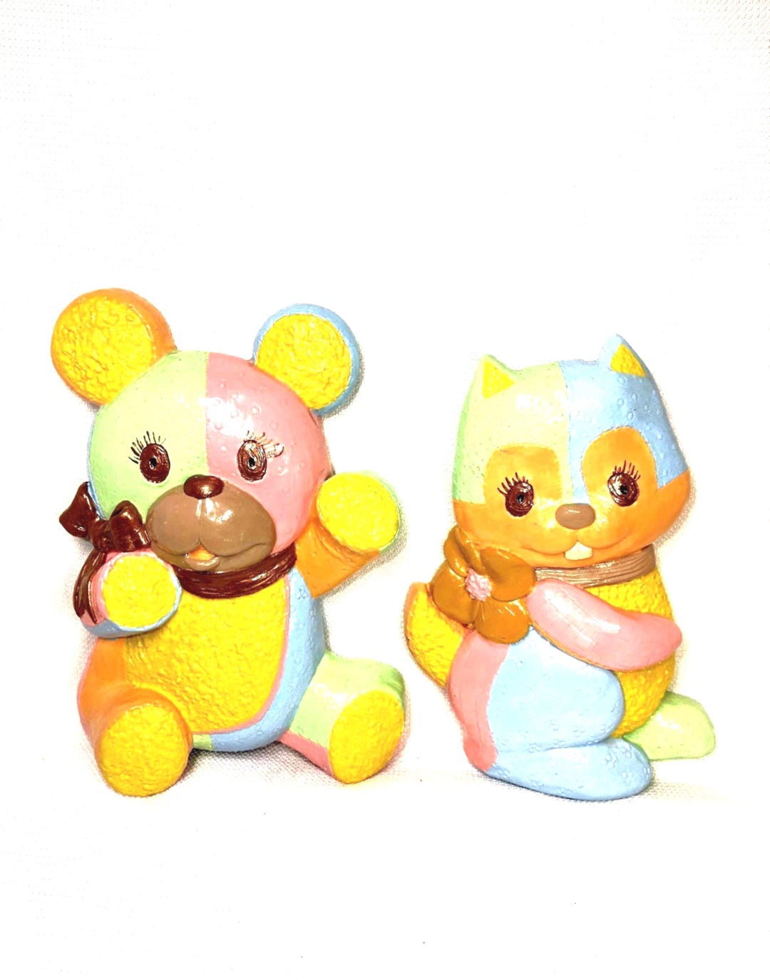 Vintage Hand-painted Plaster Teddy Bear Cat Wall Art Set 1980s Nursery ...