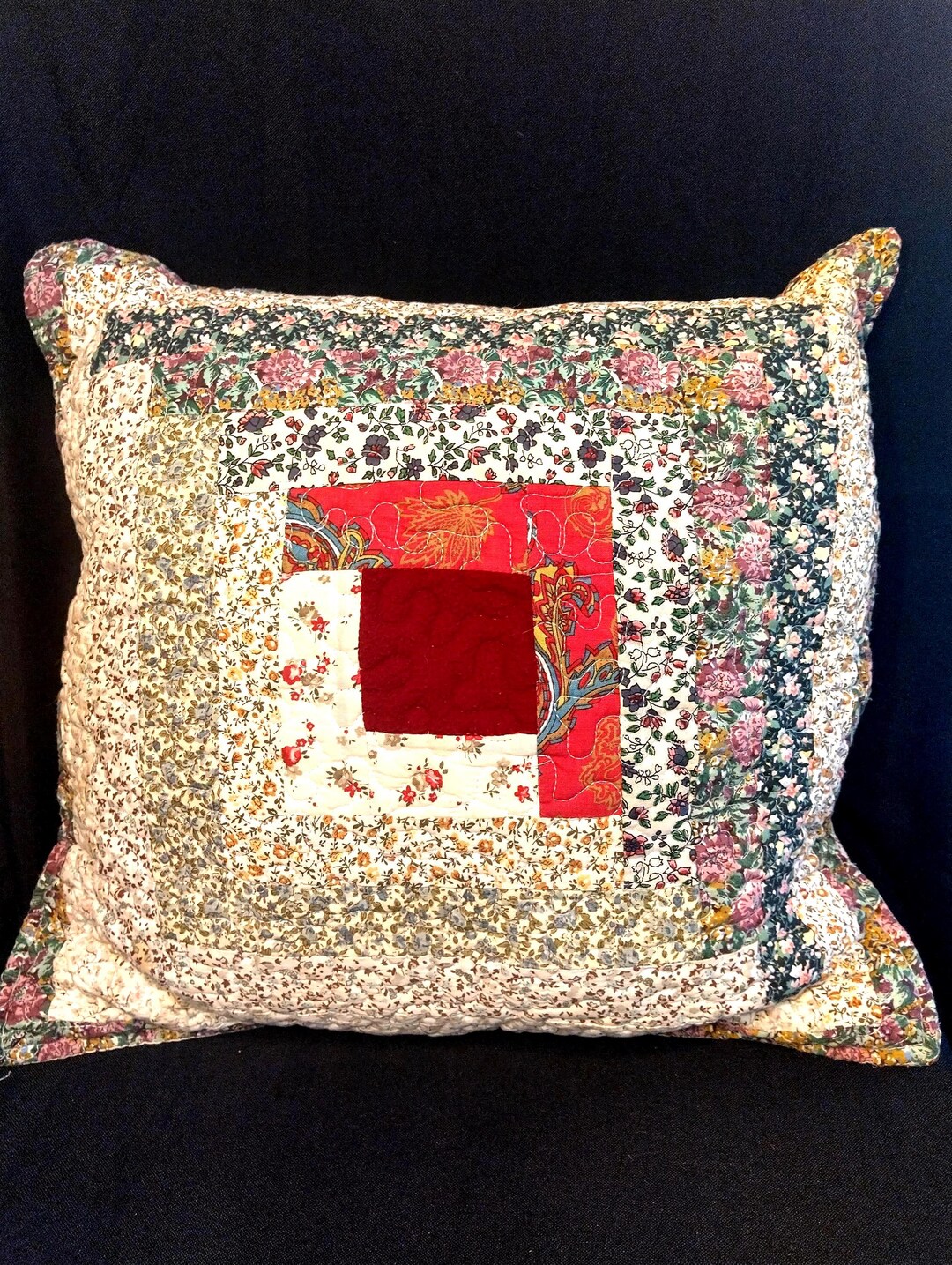 Vintage Quilted Pillow Log Cabin Pattern Handmade Floral Country ...