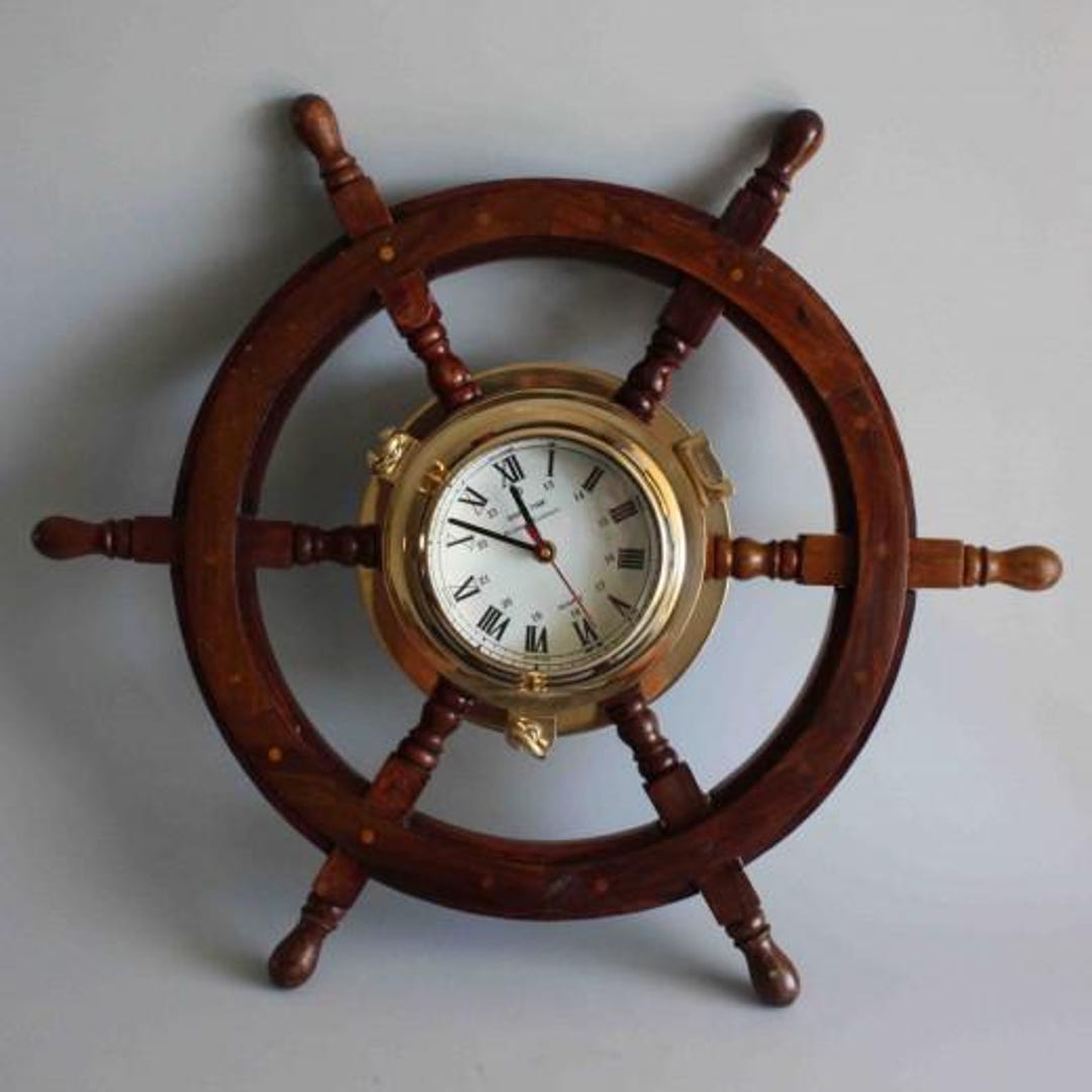 Vintage Wooden and Brass Ships Wheel Wall Clock, Ship Wheels ...