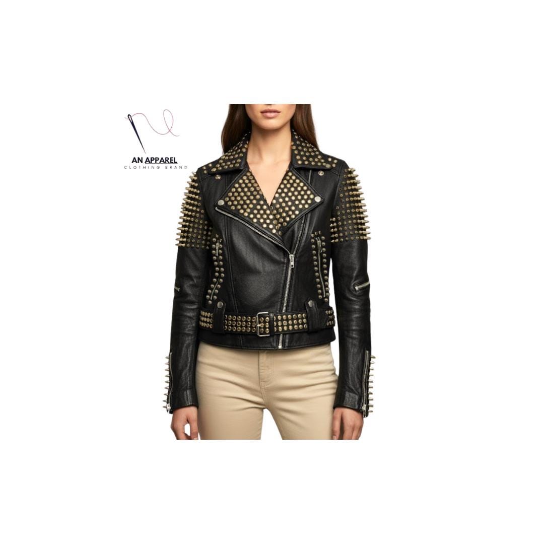 Women’s Studded Leather Biker Jacket – Black Rock Punk Motorcycle Coat ...