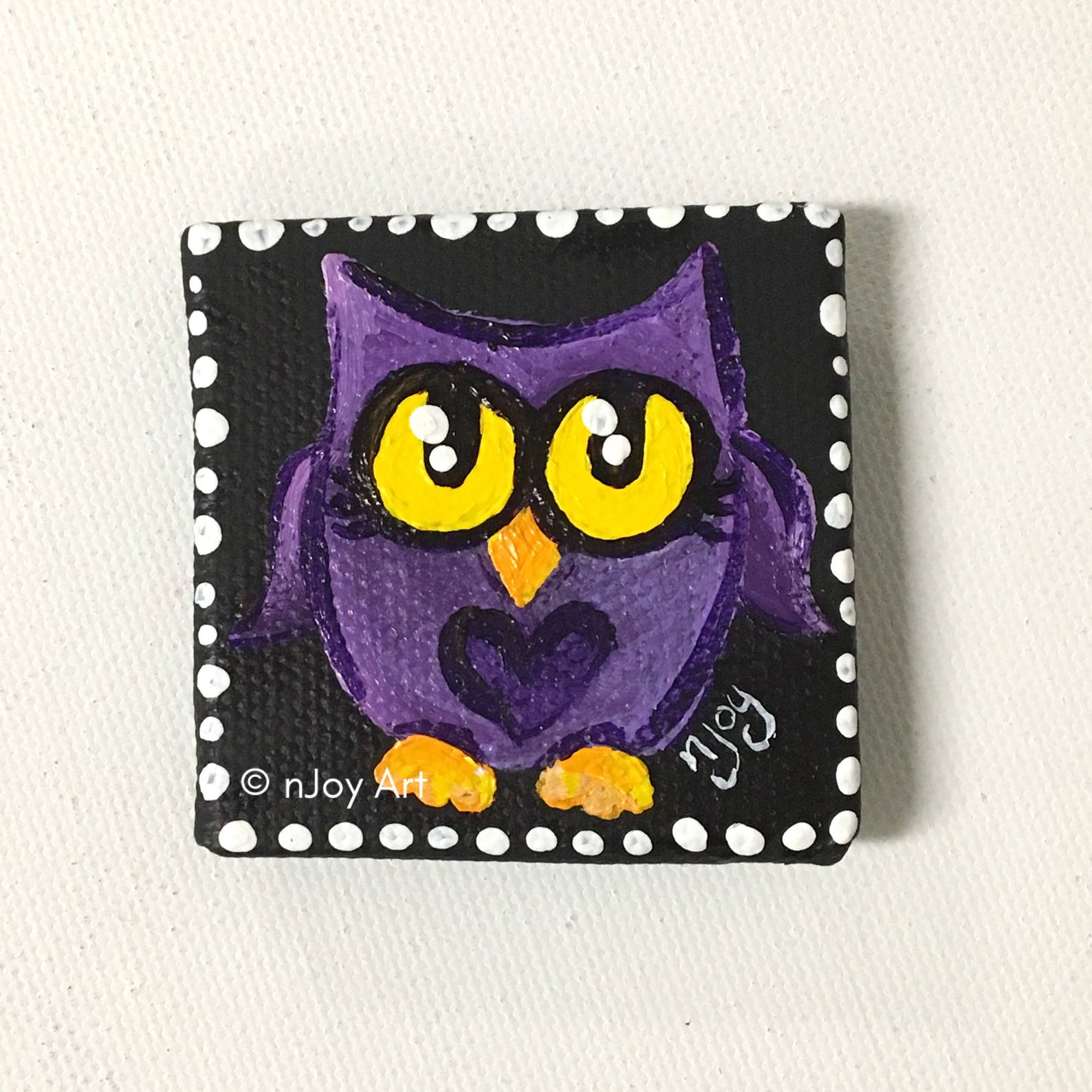 Purple Owl Art Painting Magnet, Mini Acrylic Canvas for Home or Office ...