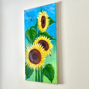 Sunflowers With Bees, 12x24 Inch Original Acrylic Canvas Painting ...