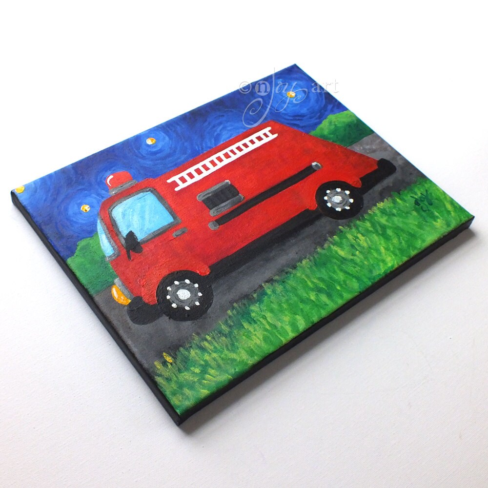 Fire Engine Painting for Kids Room, 9"x12" Inch Acrylic Fire Truck Art ...