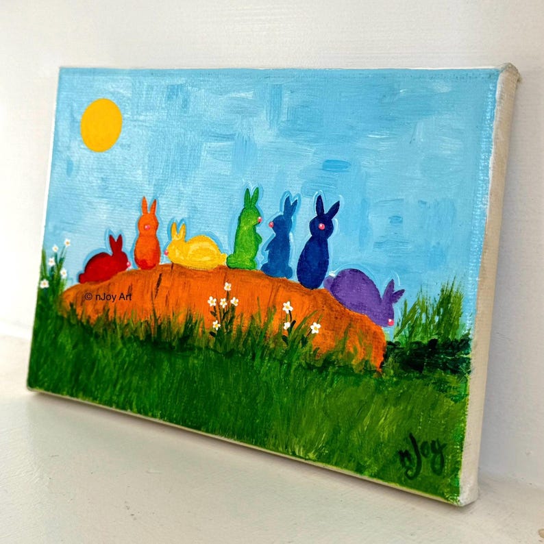 Rainbow Bunnies on a Carrot, Cute Rabbit Art for Home, Office or Kids ...