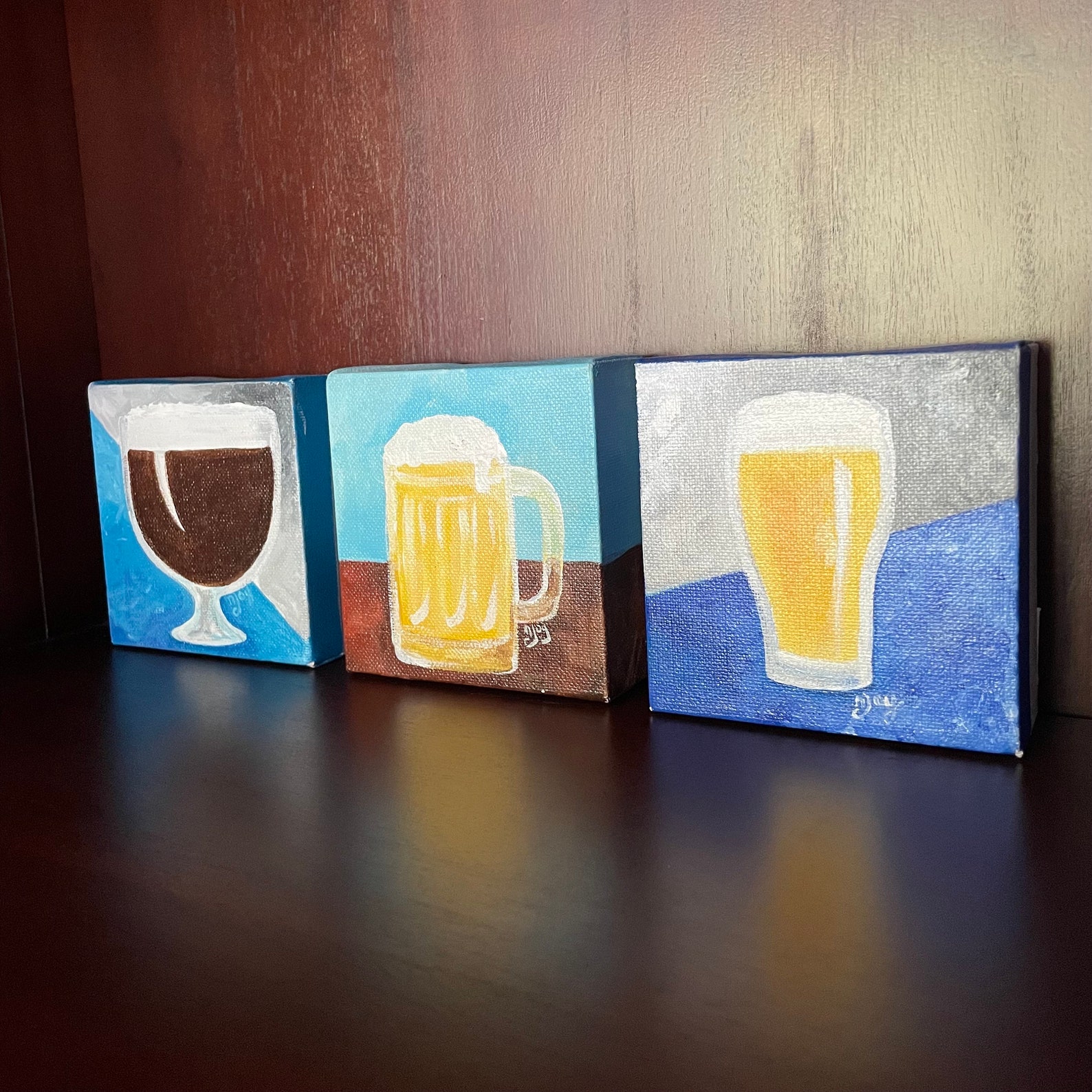 Beer Glass Art, Set of Three 4x4 Inch Acrylic Canvas Beer Paintings ...