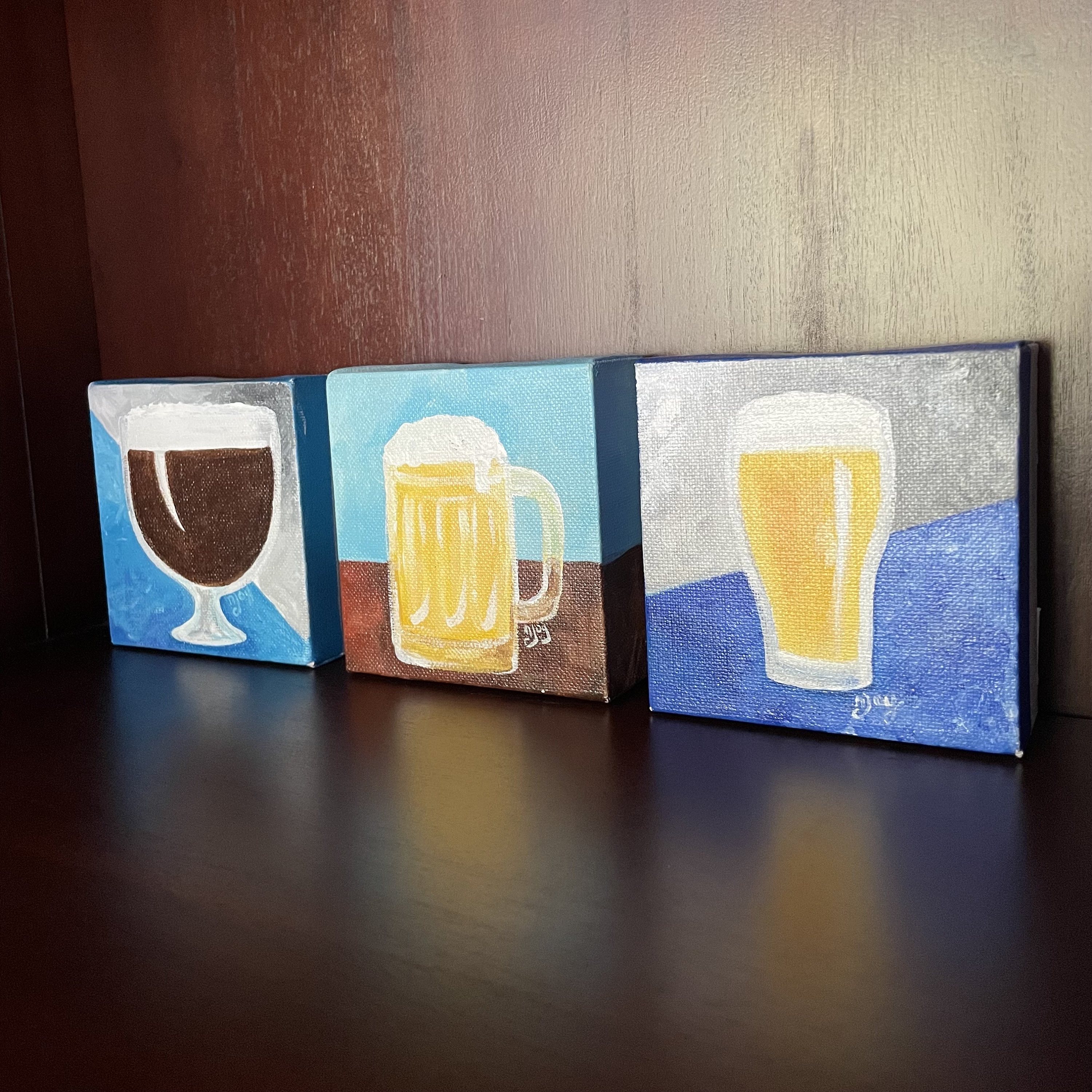 Beer Glass Art, Set of Three 4x4 Inch Acrylic Canvas Beer Paintings ...