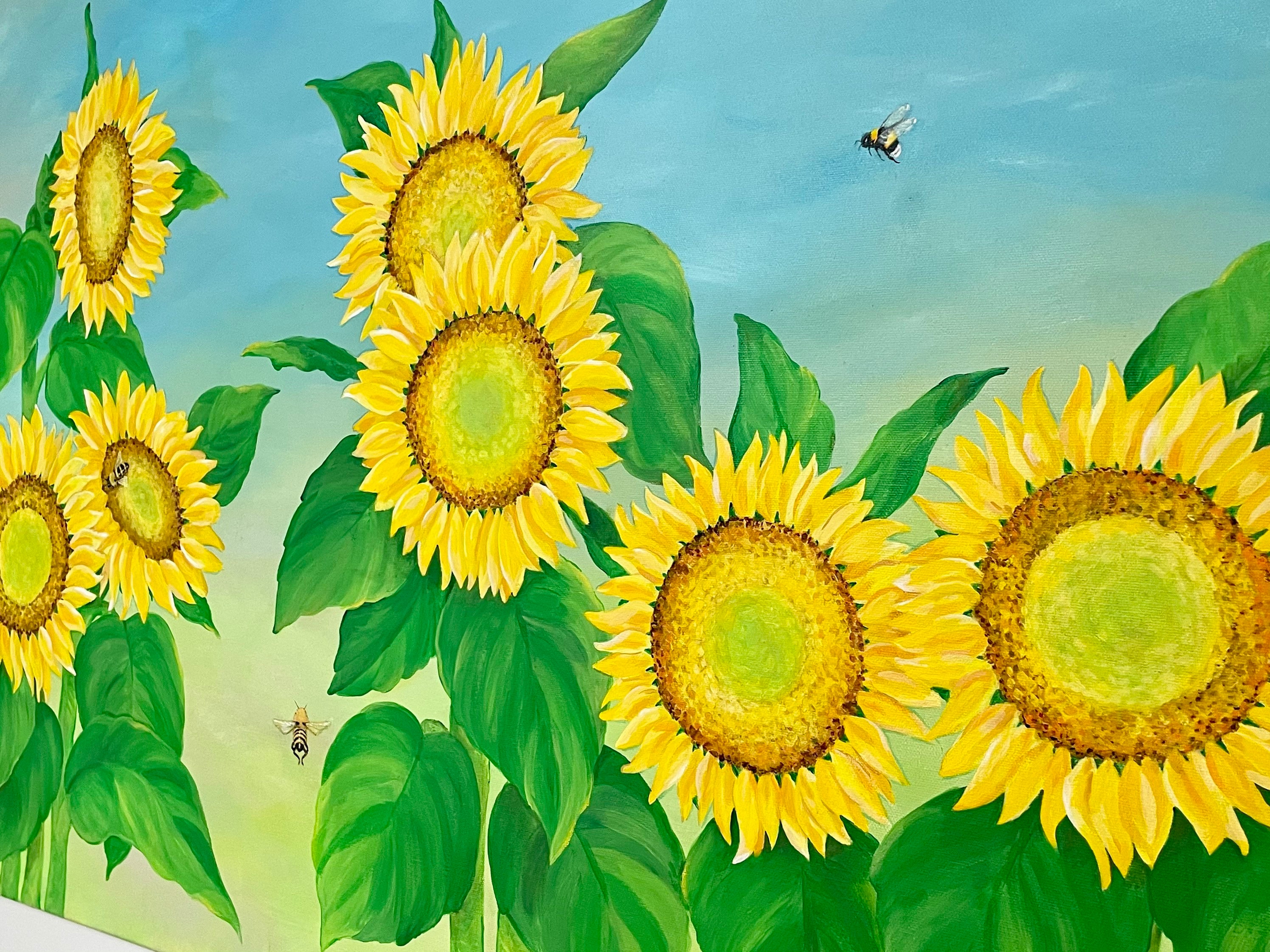 Sunflowers and Bees, Acrylic Painting, 36x24 Inch Gallery Wrapped ...