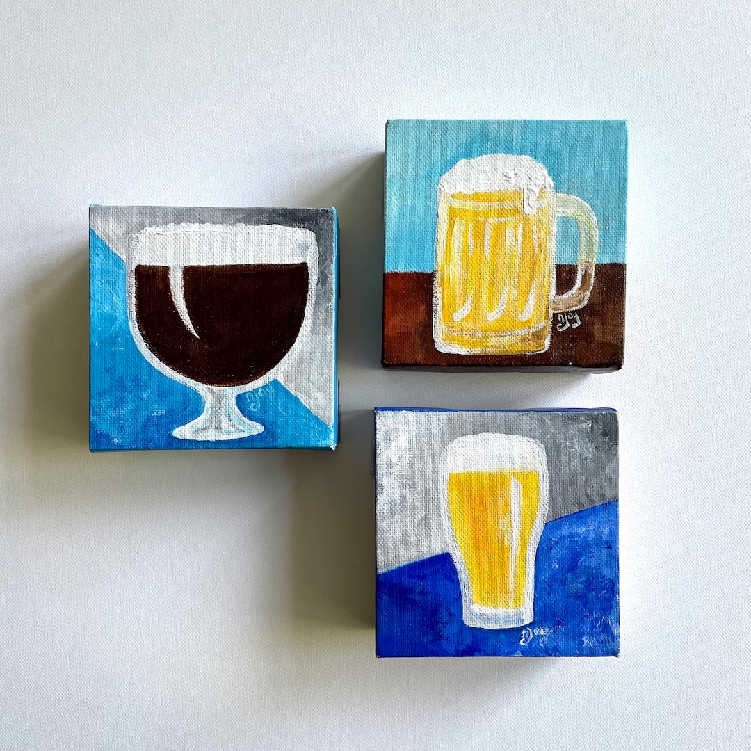 Beer Glass Art, Set of Three 4x4 Inch Acrylic Canvas Beer Paintings ...