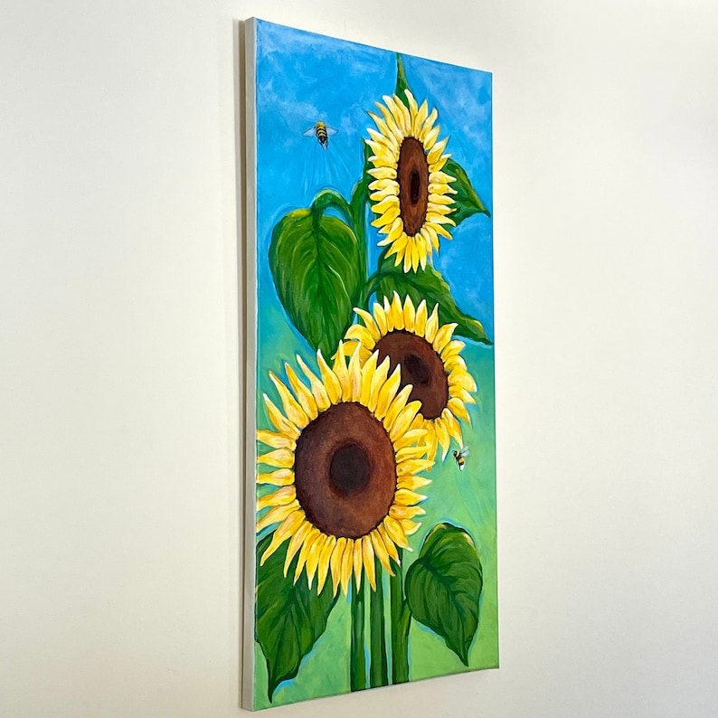Sunflowers With Bees, 12x24 Inch Original Acrylic Canvas Painting ...