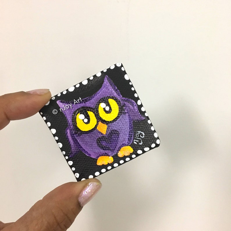 Purple Owl Art Painting Magnet, Mini Acrylic Canvas for Home or Office ...