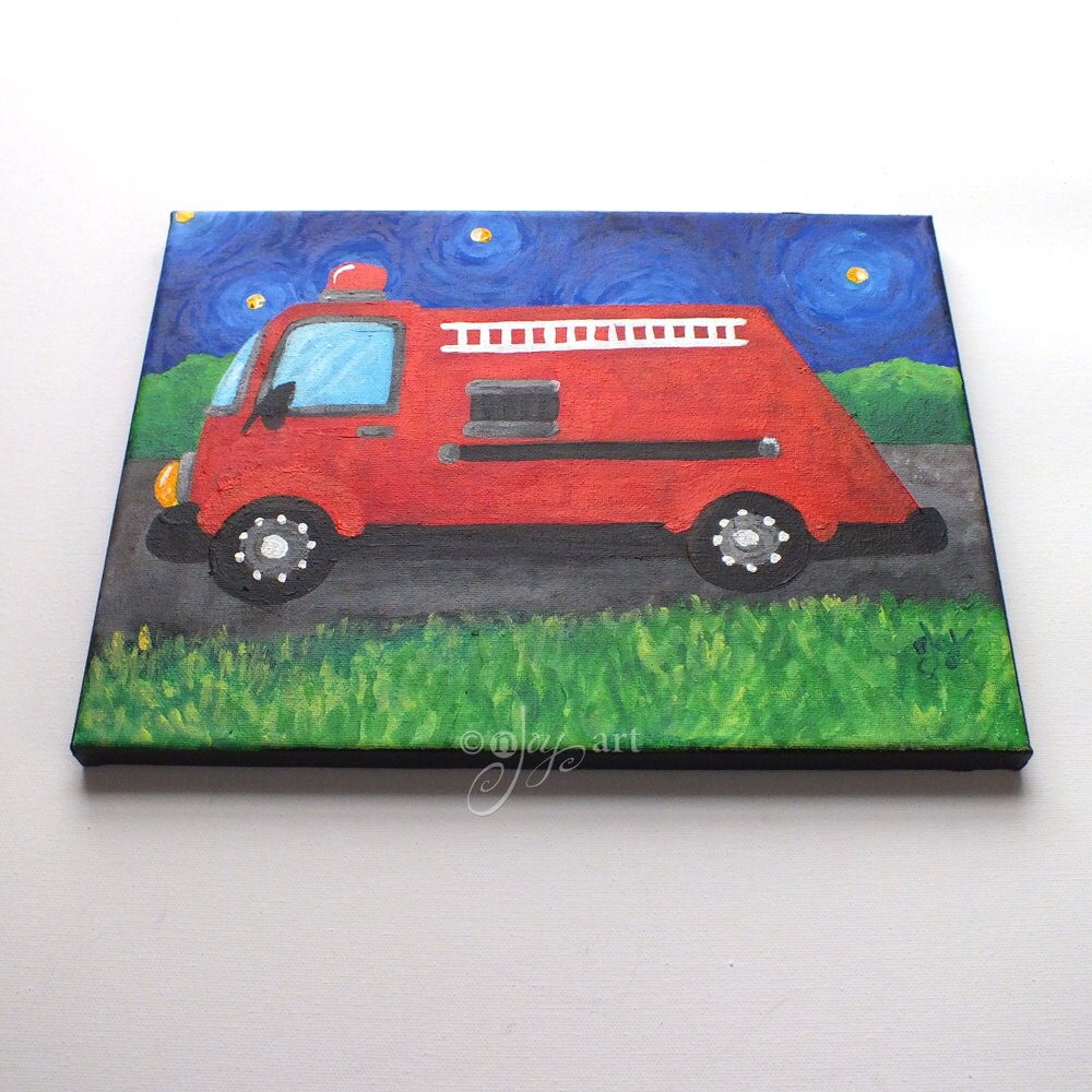 Fire Engine Painting for Kids Room, 9"x12" Inch Acrylic Fire Truck Art ...