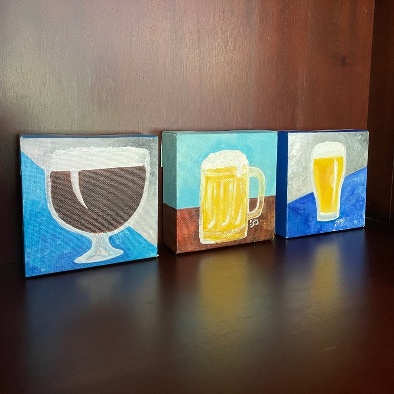 Beer Glass Art, Set of Three 4x4 Inch Acrylic Canvas Beer Paintings ...