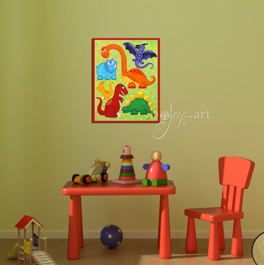Dinosaur Jumble Wall Art Print for Children, 20x16 Giclee, Colorful ...