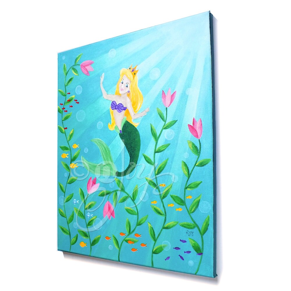 MERMAID PRINCESS Painting for Girls Room, 16x20 Acrylic Art for Mermaid ...