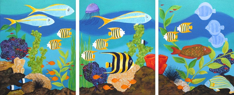 Fish World, Panel 2, 11x14 Inch Whimsical Reef Fish Acrylic Original ...