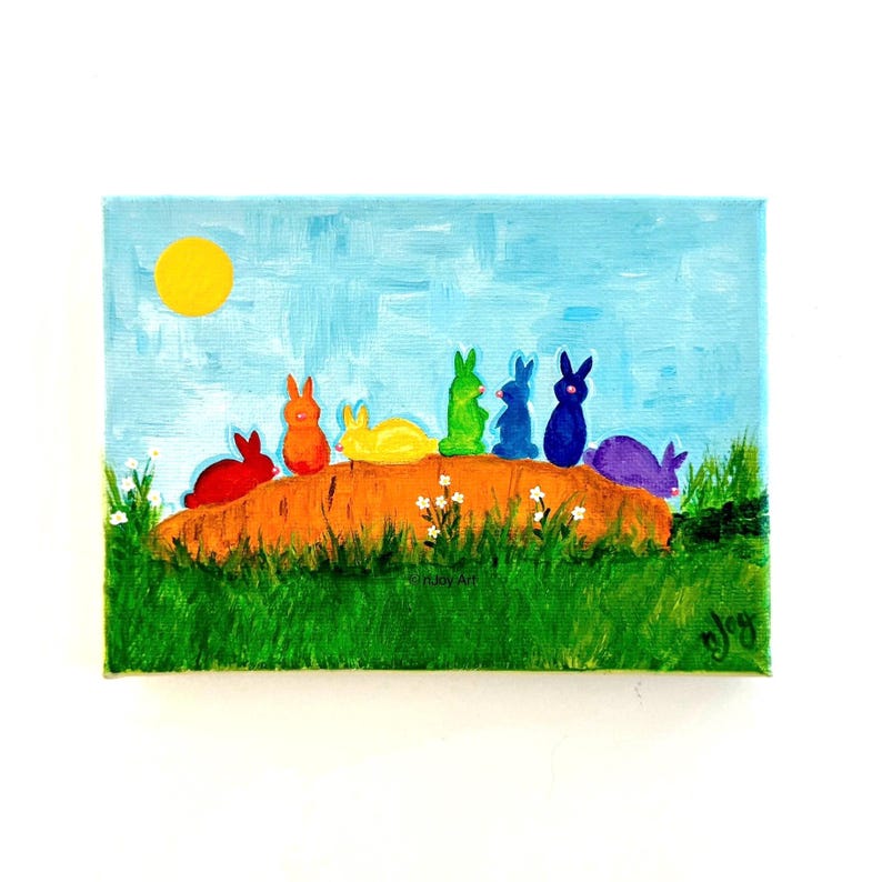 Rainbow Bunnies on a Carrot, Cute Rabbit Art for Home, Office or Kids ...
