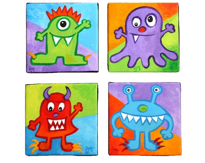 Childrens Wall Art, 4 LITTLE MONSTERS Four 5x5 Acrylic Canvas Set ...
