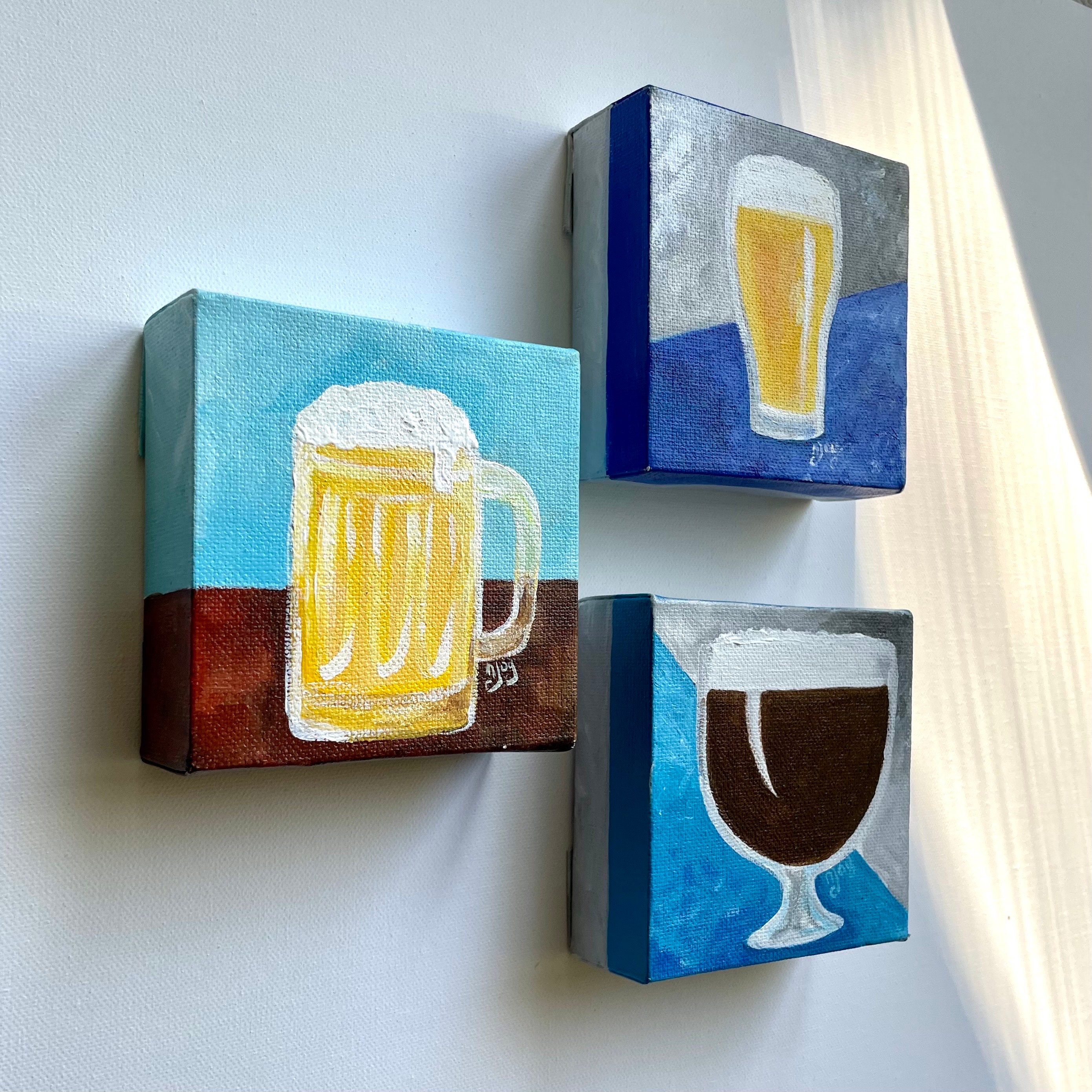 Beer Glass Art, Set of Three 4x4 Inch Acrylic Canvas Beer Paintings ...