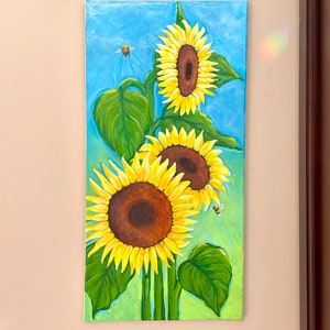 Sunflowers With Bees, 12x24 Inch Original Acrylic Canvas Painting ...
