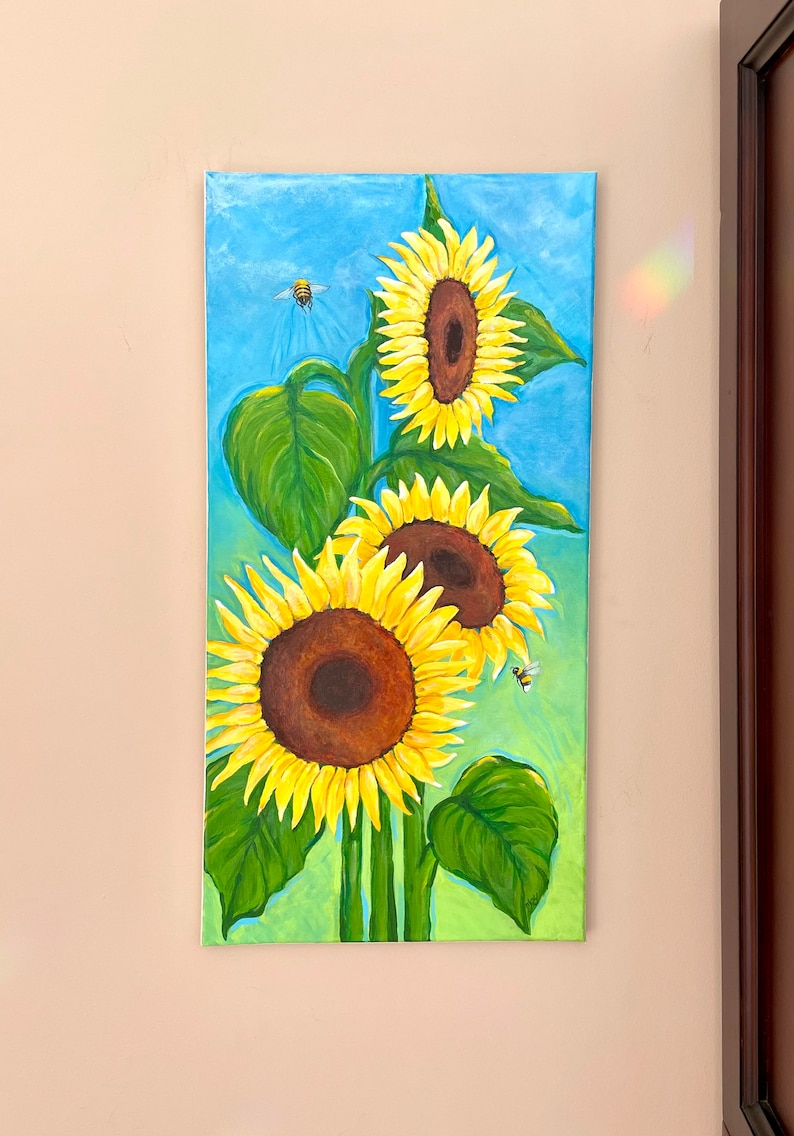 Sunflowers With Bees, 12x24 Inch Original Acrylic Canvas Painting ...