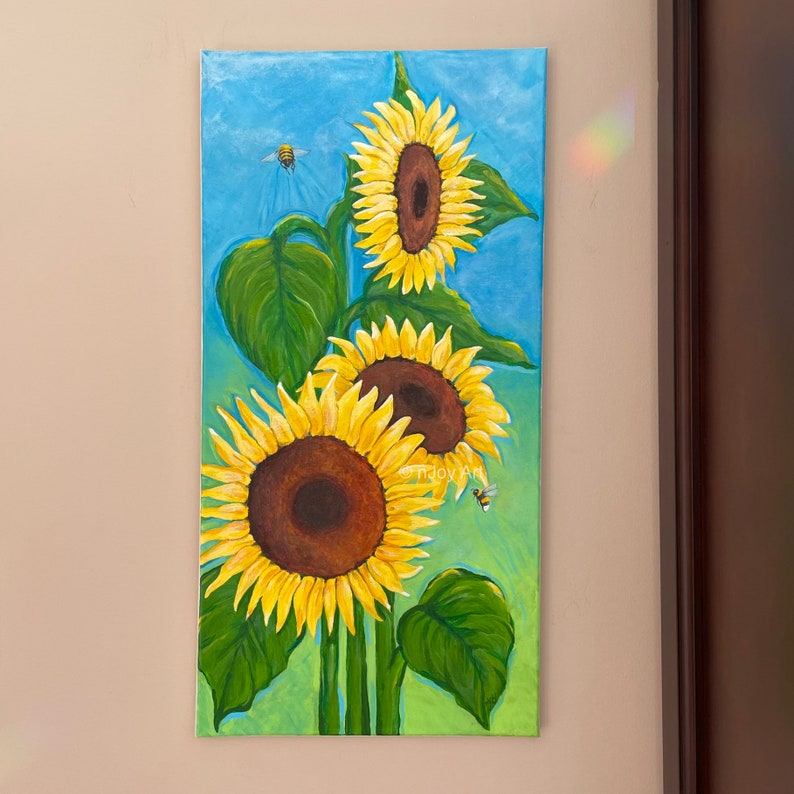 Sunflowers With Bees, 12x24 Inch Original Acrylic Canvas Painting ...