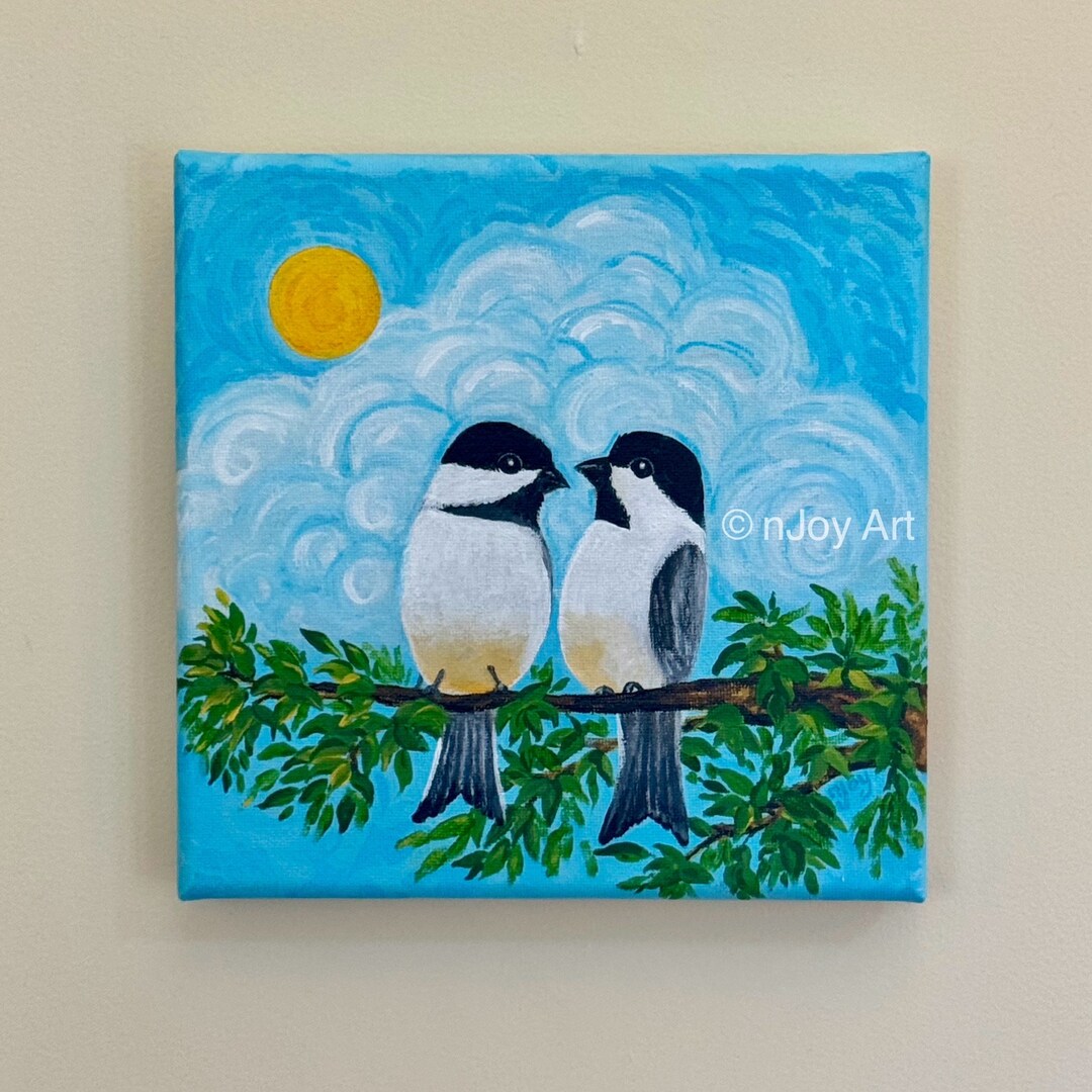 Chickadee Lovebirds on a Wire, 8 Inch Acrylic Canvas, Bird Art for ...
