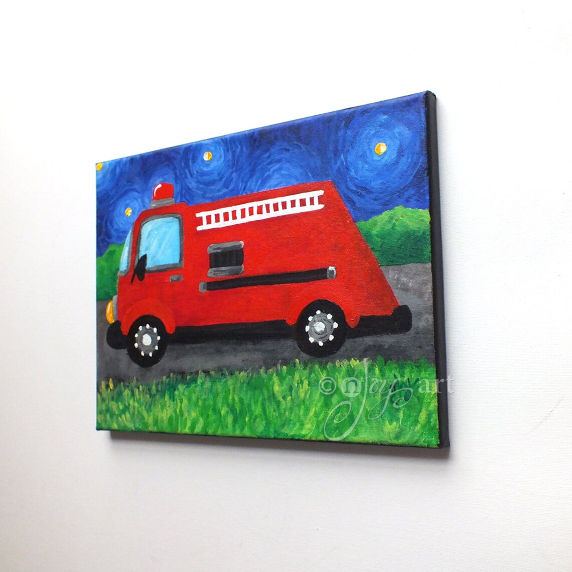Fire Engine Painting for Kids Room, 9"x12" Inch Acrylic Fire Truck Art ...