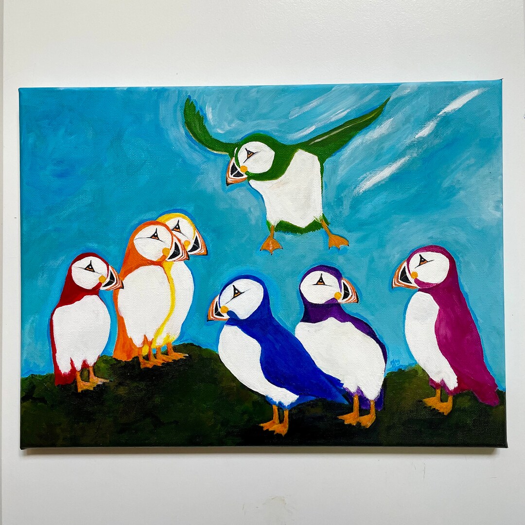Rainbow Puffins, 16x12x.75 Inch Acrylic Art, Rainbow Animal Art, Puffin ...