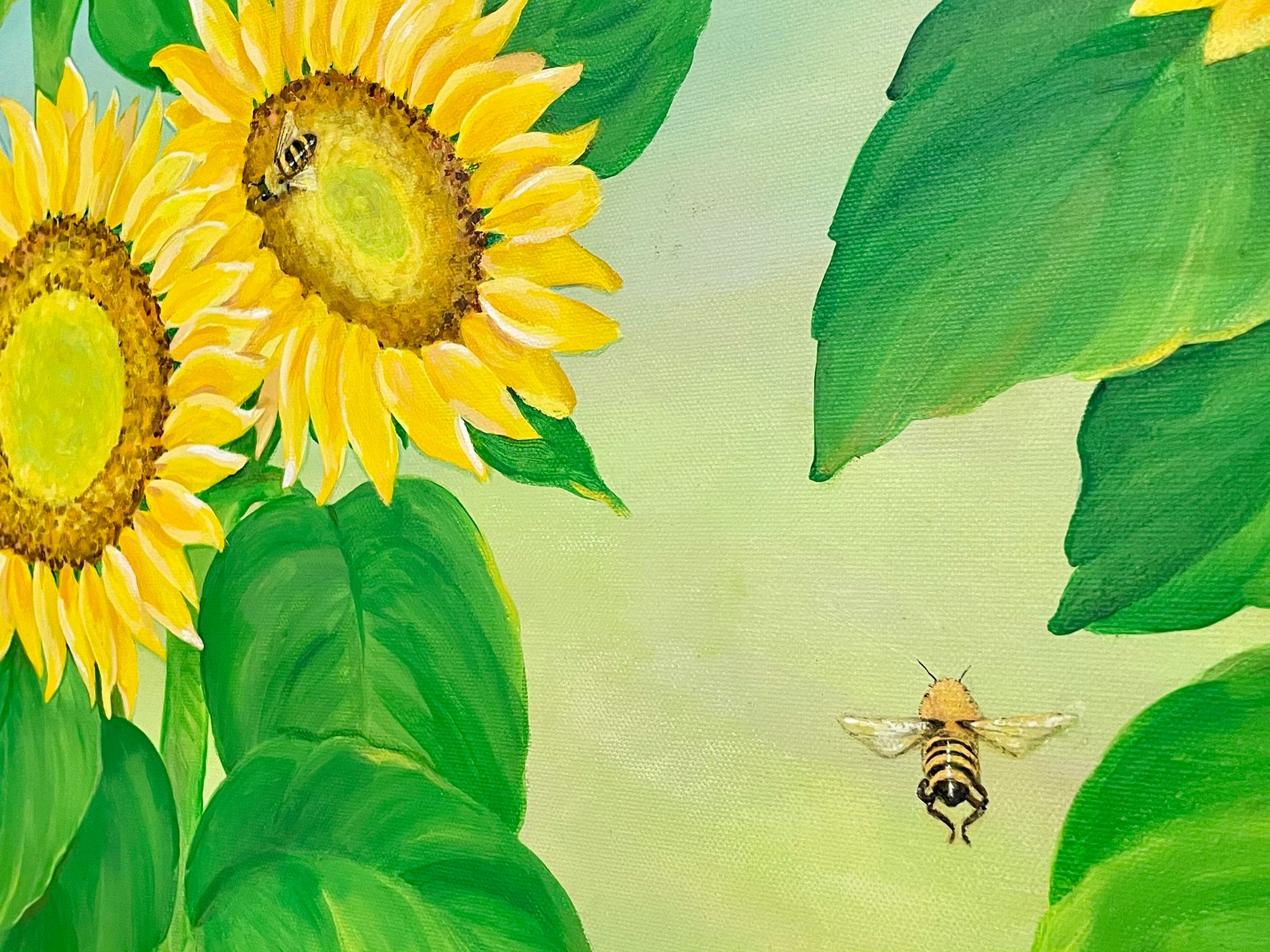 Sunflowers and Bees, Acrylic Painting, 36x24 Inch Gallery Wrapped ...