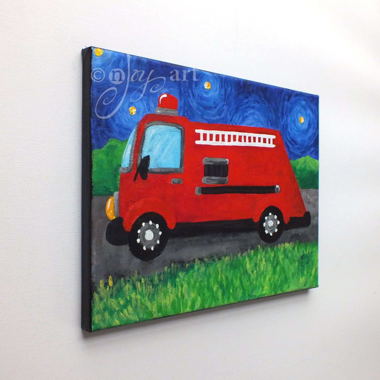 Fire Engine Painting for Kids Room, 9"x12" Inch Acrylic Fire Truck Art ...