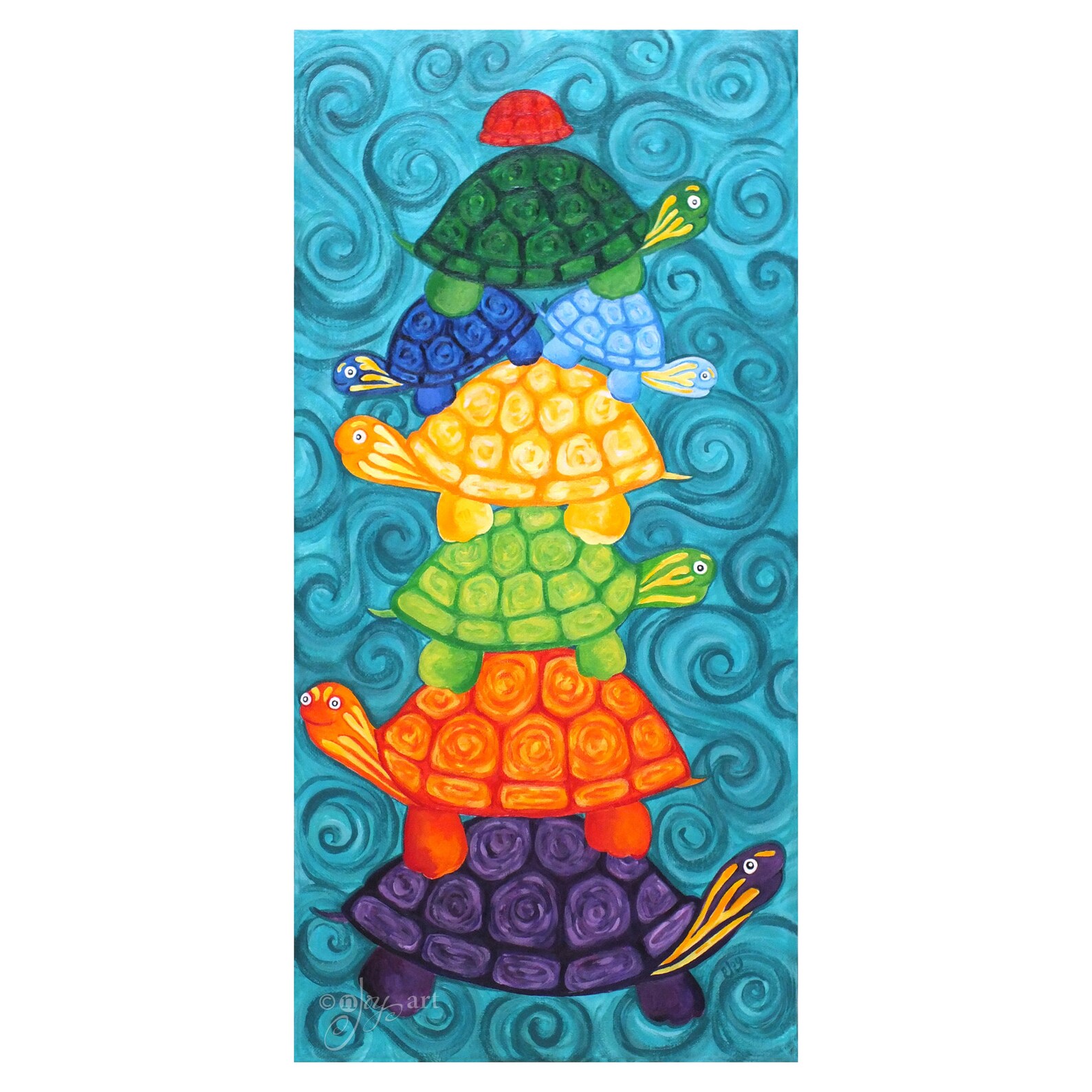 Turtles All the Way Up, Whimsical Turtle Tower Painting, 12"x24"x.75 ...