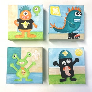 Custom Art for Kids, LITTLE MONSTERS, Four 5x5 Acrylic Canvases, Kids ...