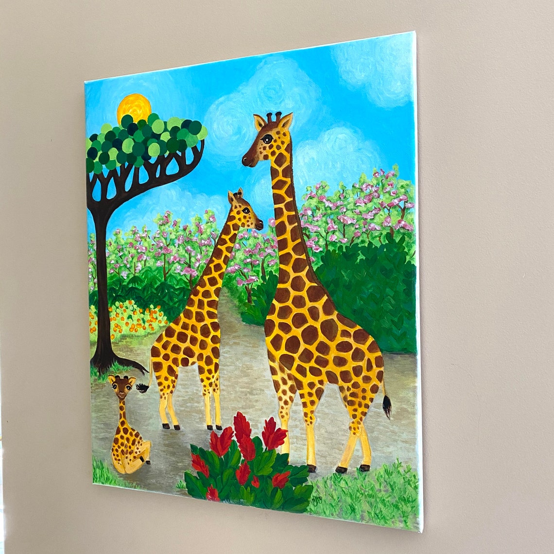Giraffe Family Art, Whimsical Acrylic Giraffe Painting, Original Art ...