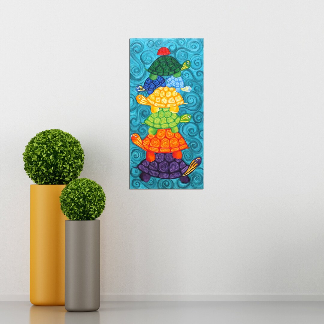 Turtles All the Way Up, Whimsical Turtle Tower Painting, 12"x24"x.75 ...